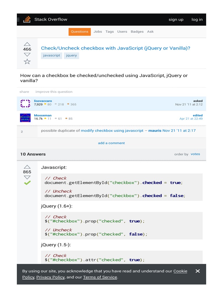 Check Uncheck Checkbox With Javascript Jquery Or Vanilla 1 Pdf Cookie J Query