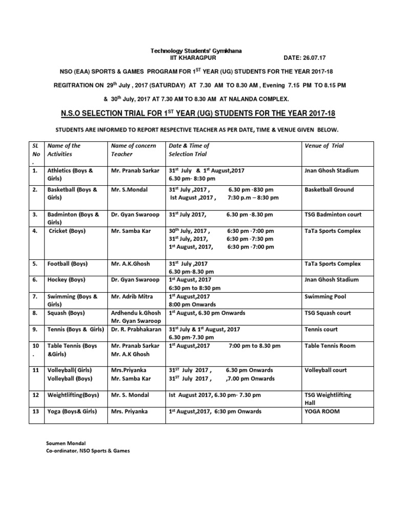 1st Year NSO Selection Trial 2017-18 | PDF | Ball Games | Games Of Physical Skill