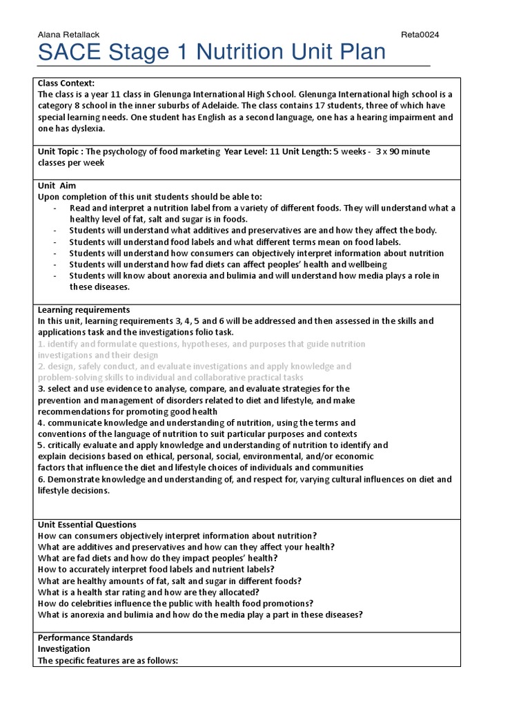 SACE Stage 1 Nutrition Unit Plan: Class Context | PDF | Evaluation ...