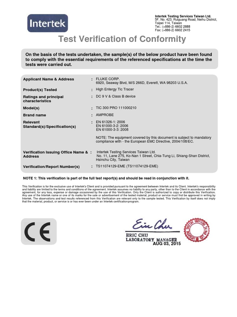 Test Verification of Conformity: Applicant Name & Address | PDF ...