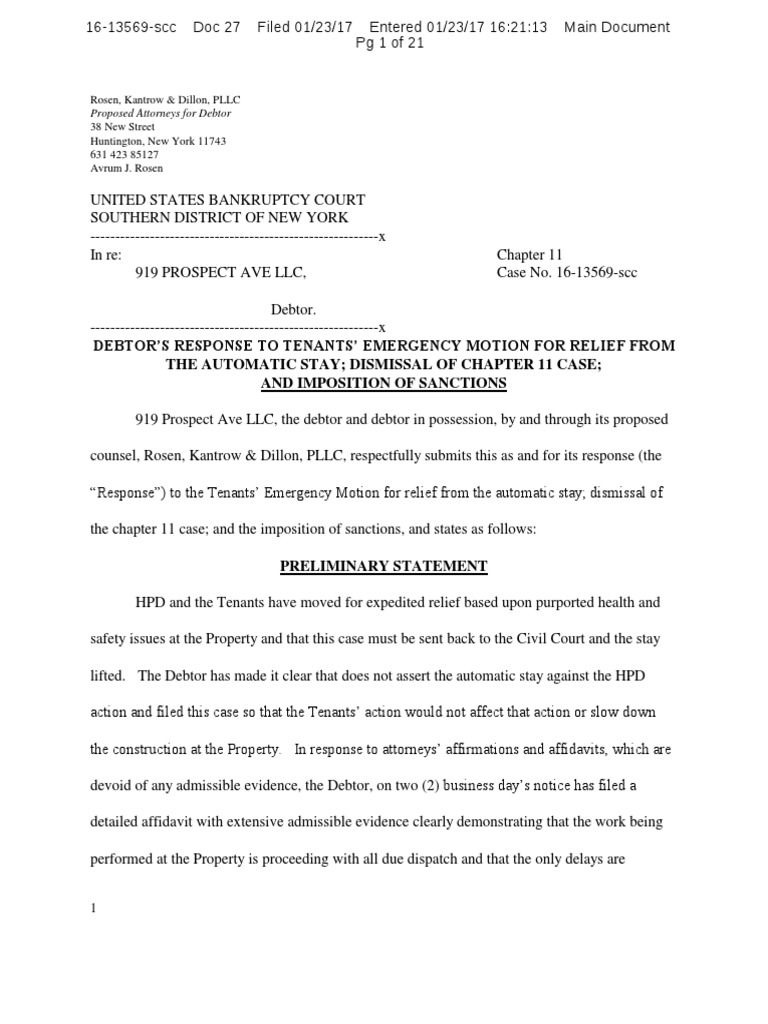 919 Prospect Response of Debtor To Tenant's Motion For Relief From Stay ...