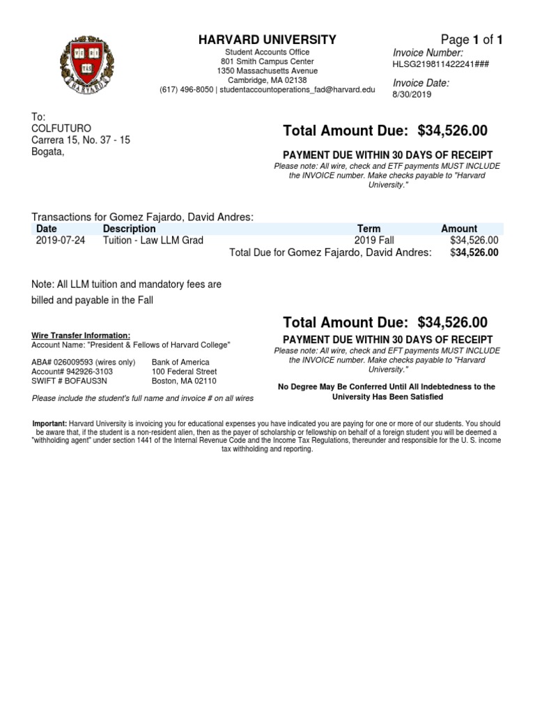 Total Amount Due: $34,526.00: Harvard University | PDF | Payments | Receipt