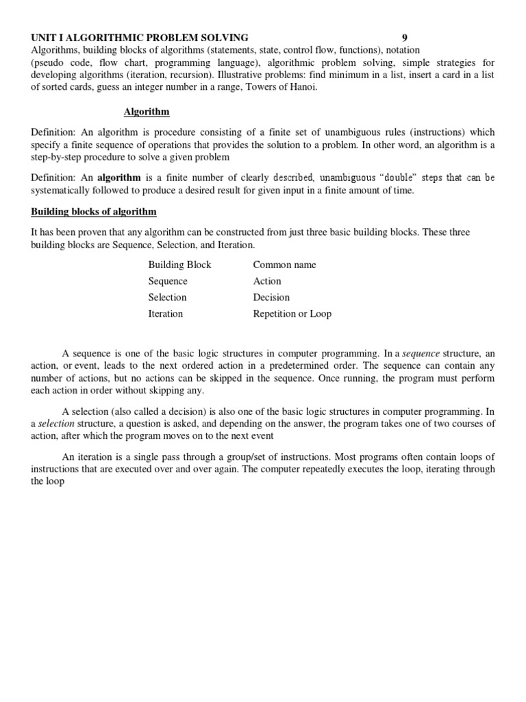 Unit I Algorithmic Problem Solving 9 Pdf Recursion Algorithms