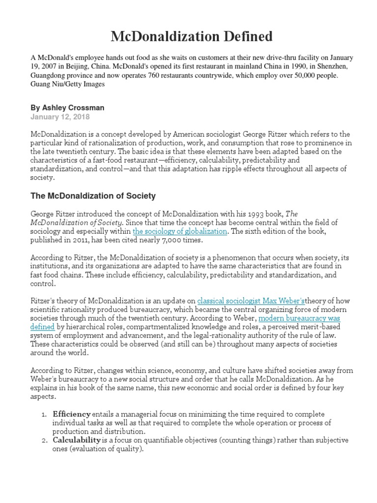 Mcdonaldization Defined: by Ashley Crossman | PDF | Max Weber | Sociology