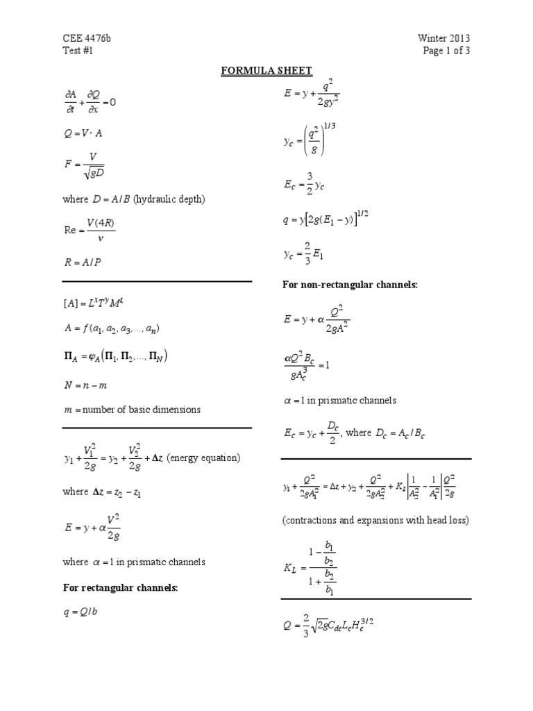 Formula Sheet: F V GD | PDF | Fluid Mechanics | Hydraulics