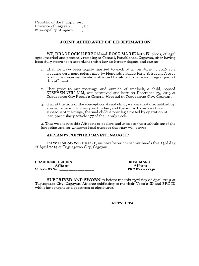 Affidavit of Legitimation Sample | PDF