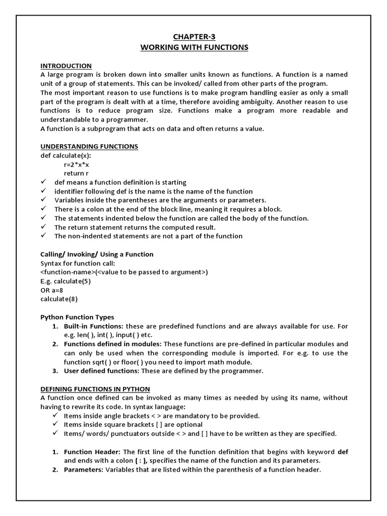 Chapter 3 Working With Functions Pdf Parameter Computer Programming Scope Computer Science