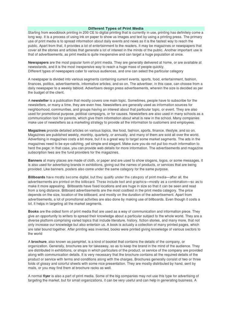 Different Types of Print Media | PDF | Newspapers | Mass Media