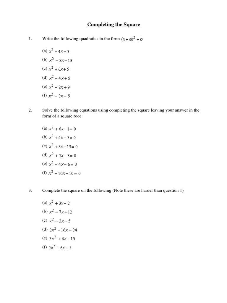 Completing The Square | PDF | Algebra | Teaching Mathematics
