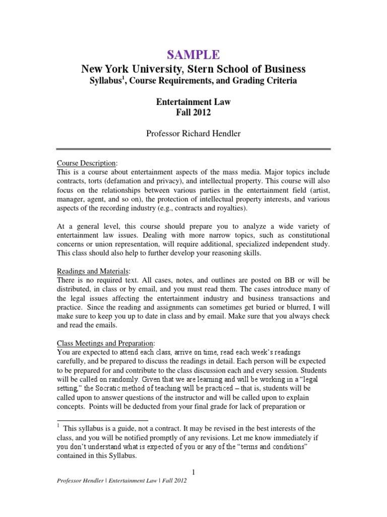 Entertainment Law Syllabus | PDF | Test (Assessment) | Academic Dishonesty