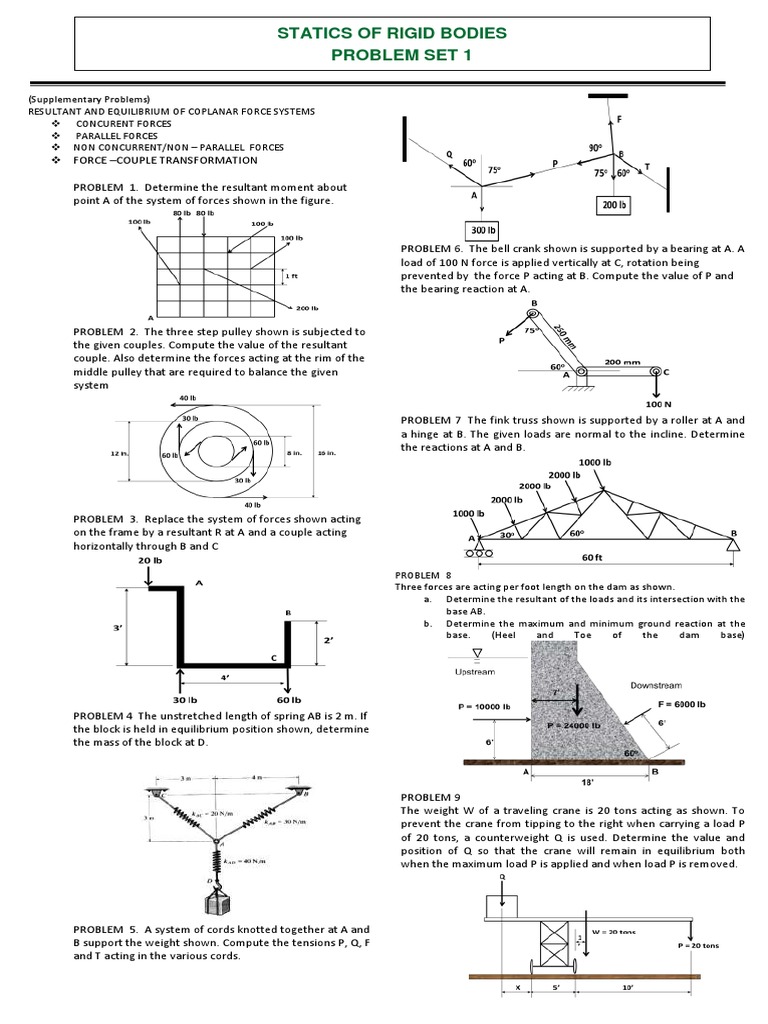 Statics of Rigid Bodies Problem Set 1 Lecturer: Engr. Mmrtating | PDF ...
