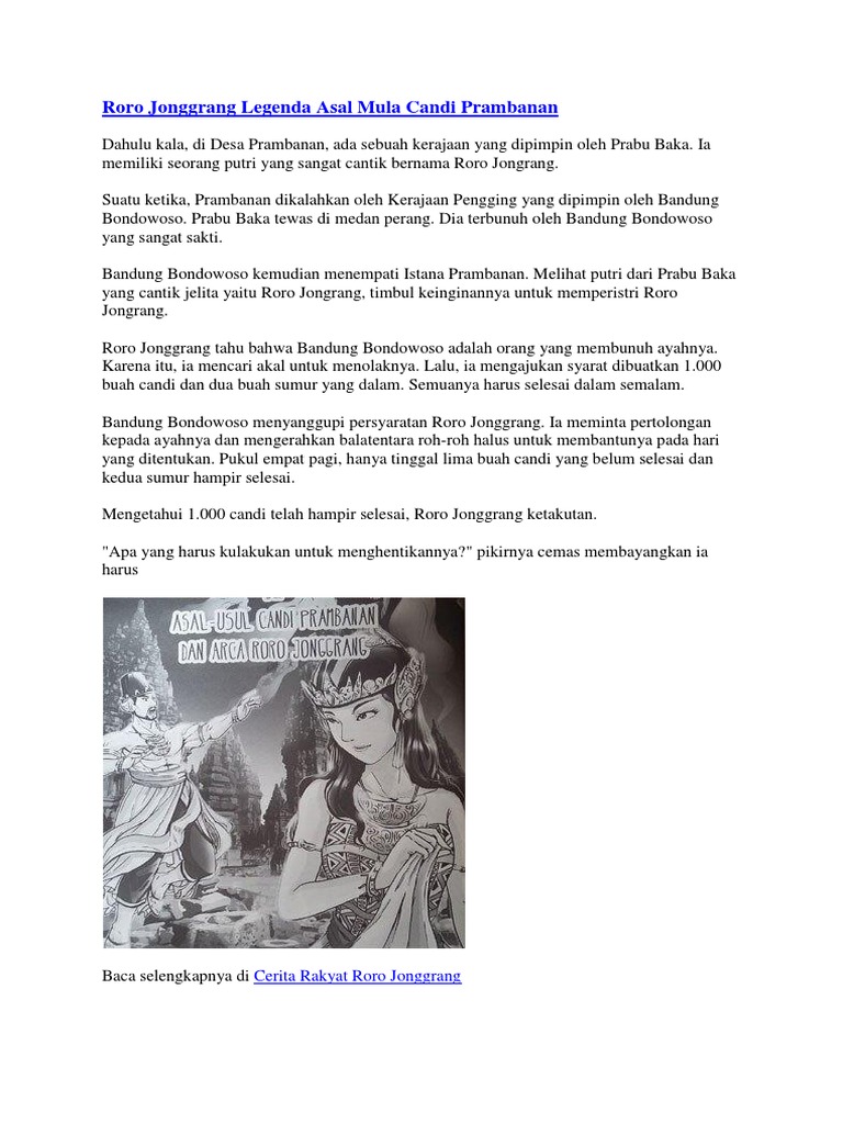 Roro Jonggrang Legenda Asal Mula Candi Prambanan | PDF | Agama & Spiritualitas