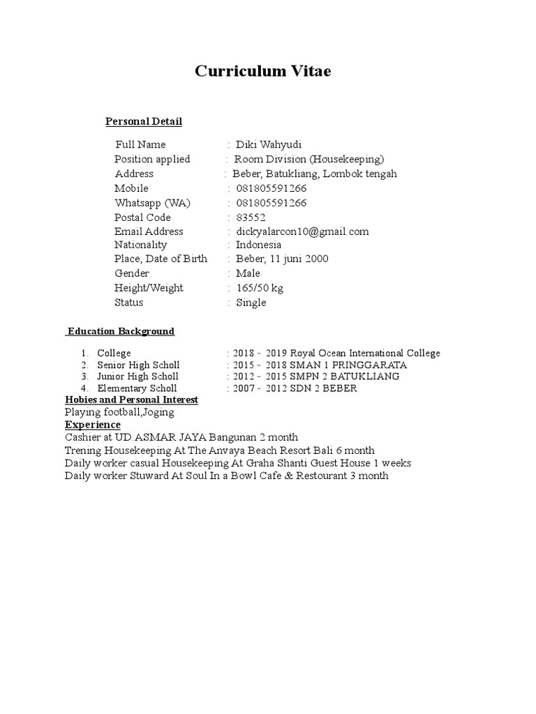 Curriculum Vitae: Personal Detail | PDF