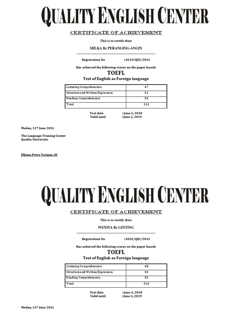 Certificate of ACHIEVEMENT 1 | PDF | Test Of English As A Foreign ...