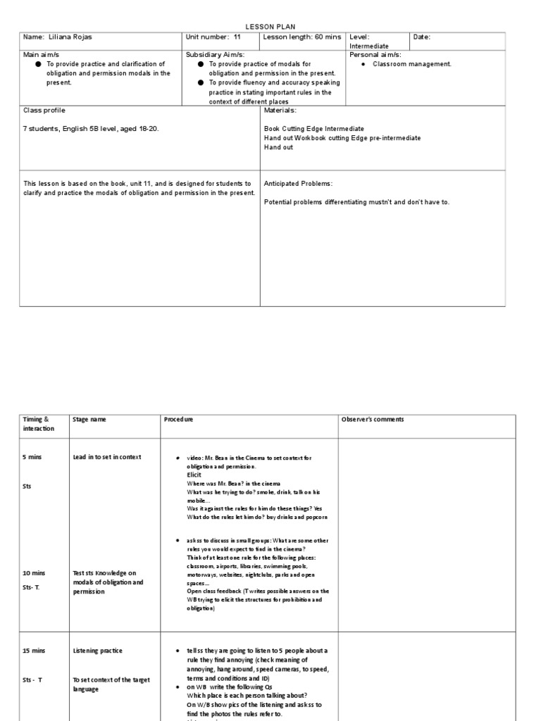 Lesson Plan Name: Liliana Rojas Unit Number: 11 Lesson Length: 60 Mins ...