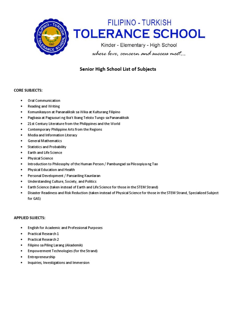 Senior High School List of Subjects | PDF | Social Science | Humanities
