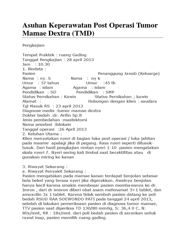 Asuhan Keperawatan Post Operasi Tumor Mamae Dextra | PDF