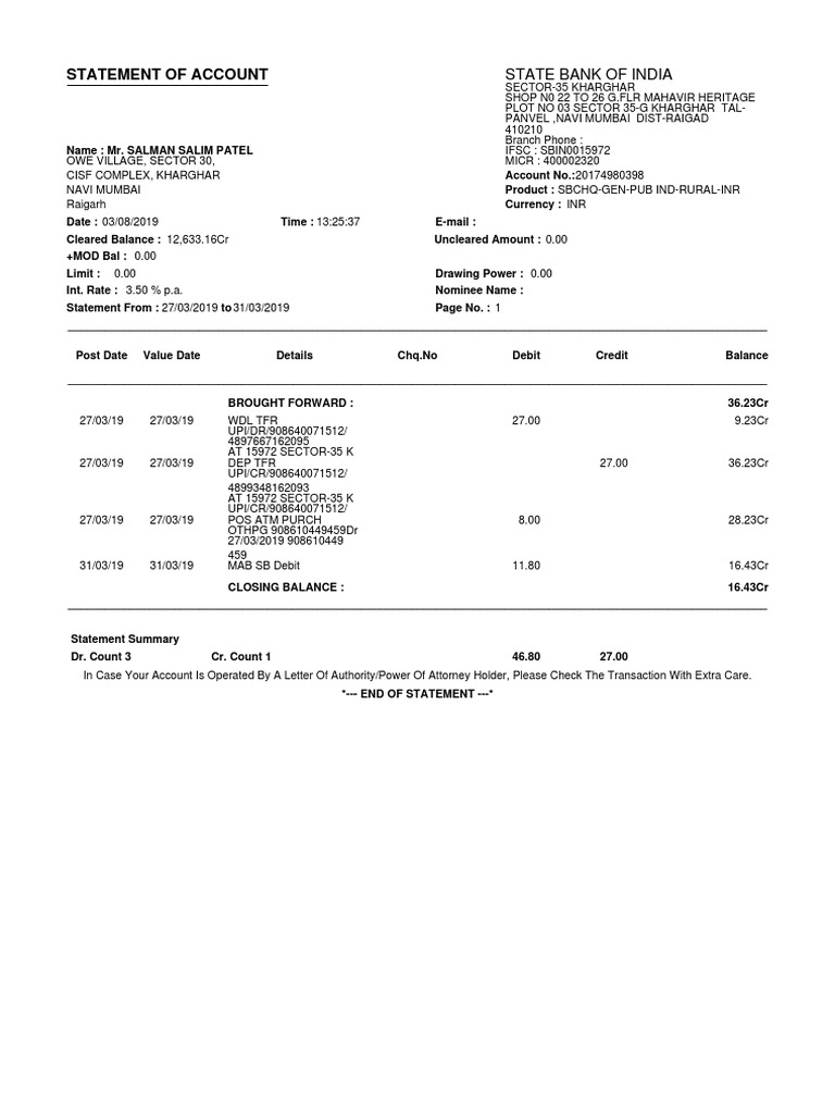 Statement of Account: State Bank of India | PDF | Debit Card ...