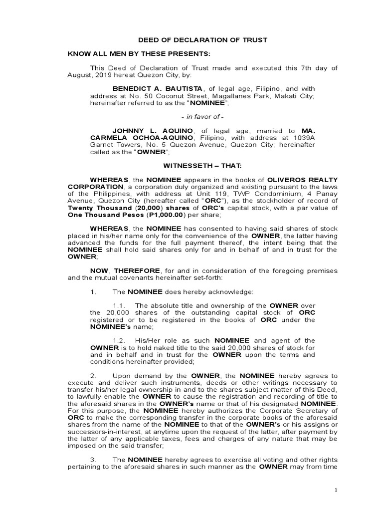 Declaration of Trust | PDF | Ownership | Trust Law