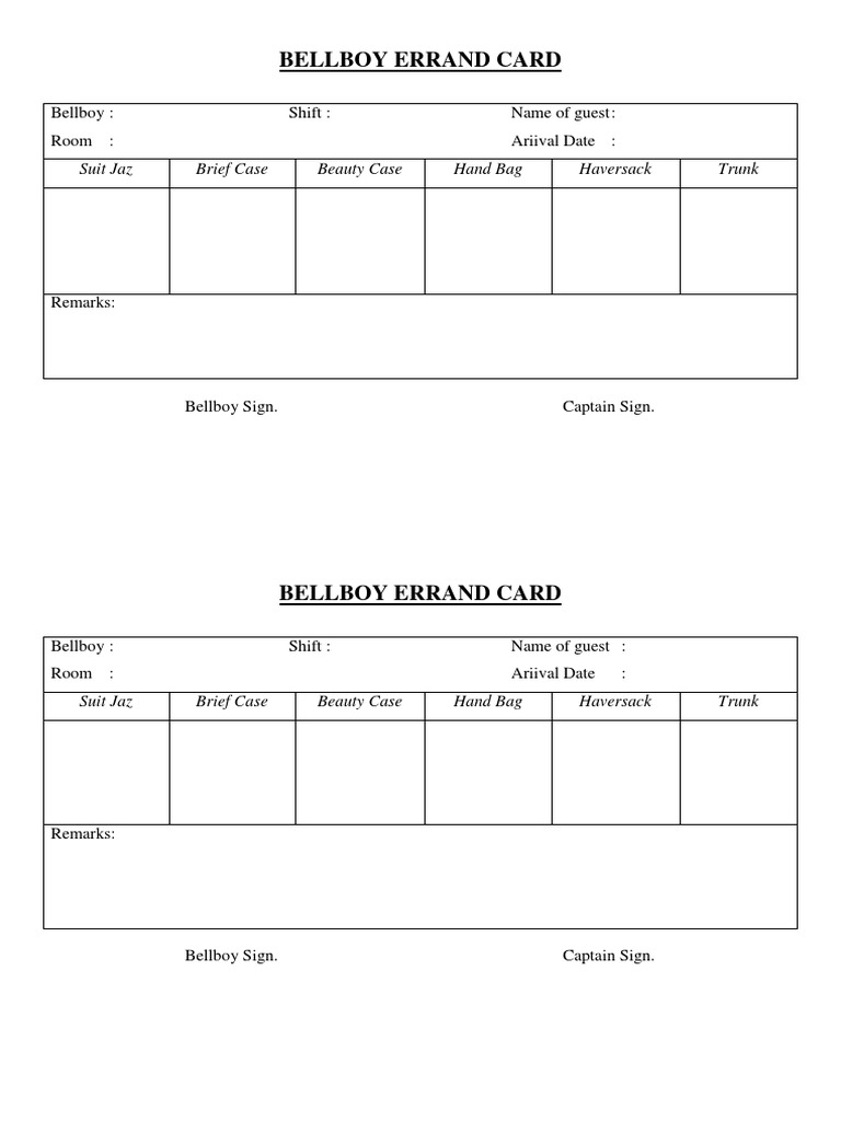 Bellboy Errand Card | PDF Bellboy Errand Card | PDF