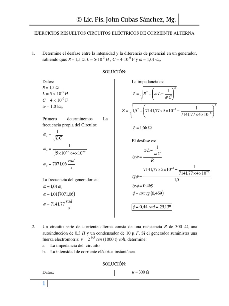 7 Ejercicios Resueltos Circuitos Electricos de Corriente Alterna | PDF | Impedancia eléctrica ...