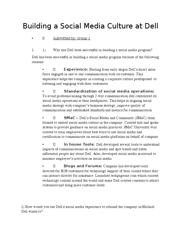 Building A Social Media Culture at Dell: Submitted By: Group 1 | PDF ...