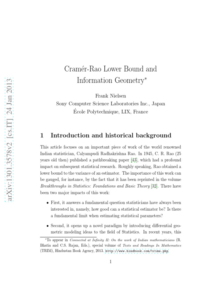 Cram Er-Rao Lower Bound and Information Geometry: 1 Introduction and Historical Background | PDF ...