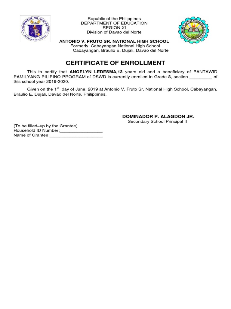 DSWD School Enrollment Certificate | PDF