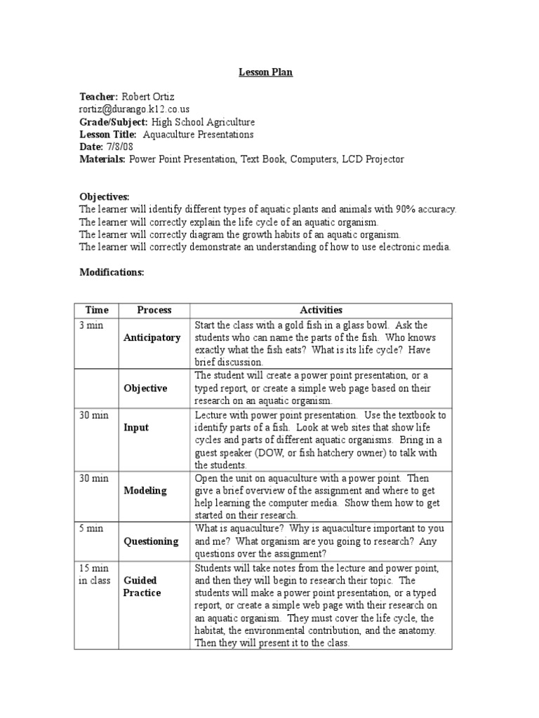 Aquaculture Lesson Plan | PDF | Lesson Plan | Educational Psychology
