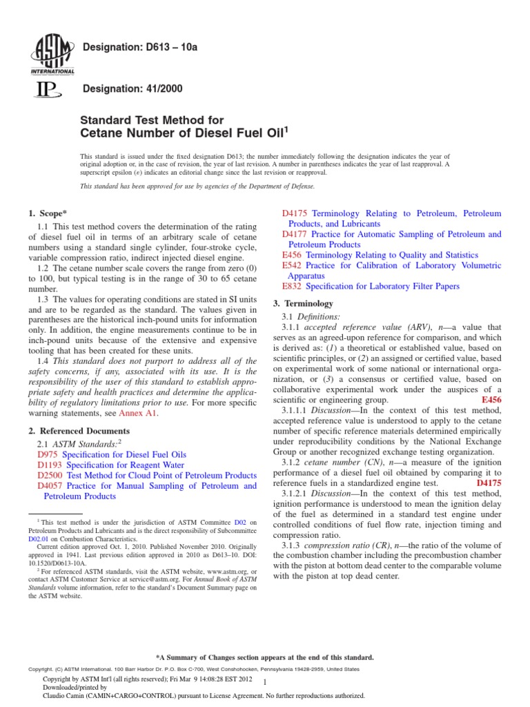 Cetane Number of Diesel Fuel Oil: Standard Test Method For | PDF | Fuel ...