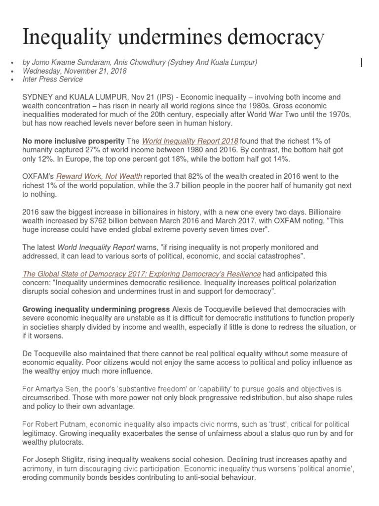 Inequality Undermines Democracy | PDF | Plutocracy | Economic Inequality