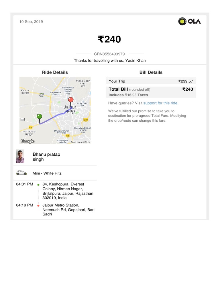 Ola ride receipt for 10 Sep 2019 | PDF | Invoice | Payments