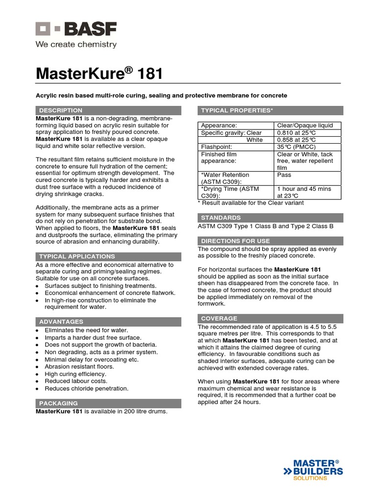 Basf Masterkure 181 Tds | Download Free PDF | Concrete | Specification ...