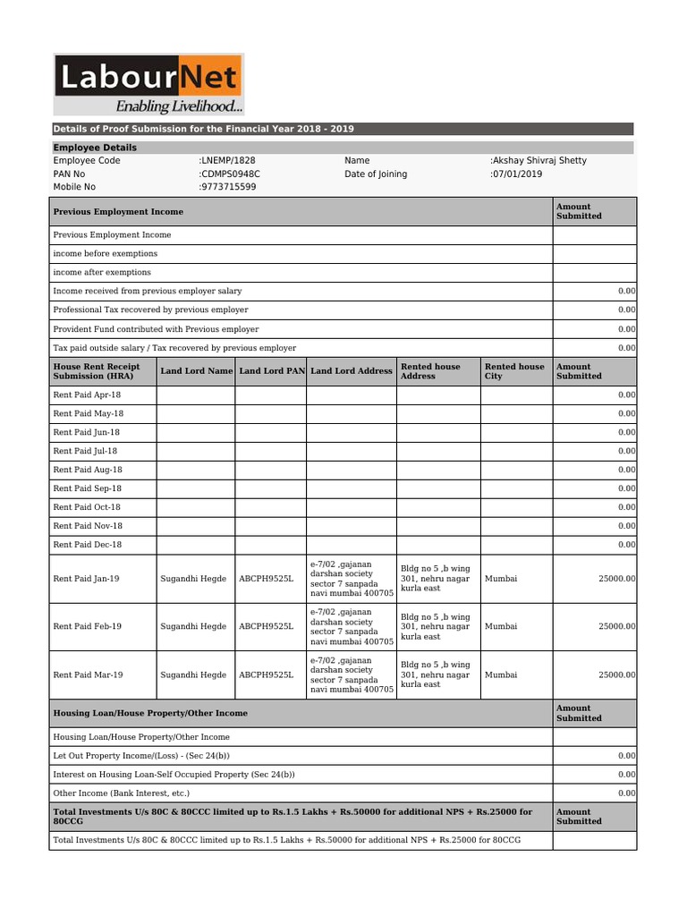 Details of Proof Submission For The Financial Year 2018 - 2019 | PDF ...