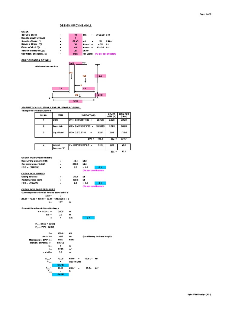 Dyke Wall Design (ACI) | PDF | Nature | Mechanical Engineering