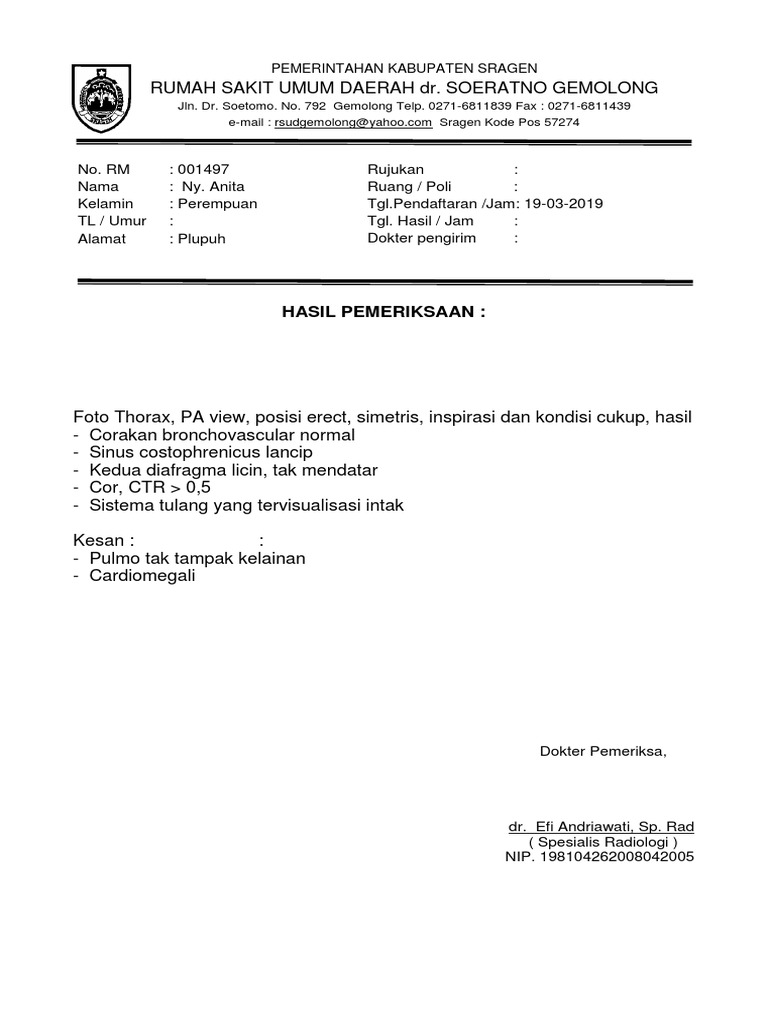 Hasil Thorax Anisa TGL 29 | PDF