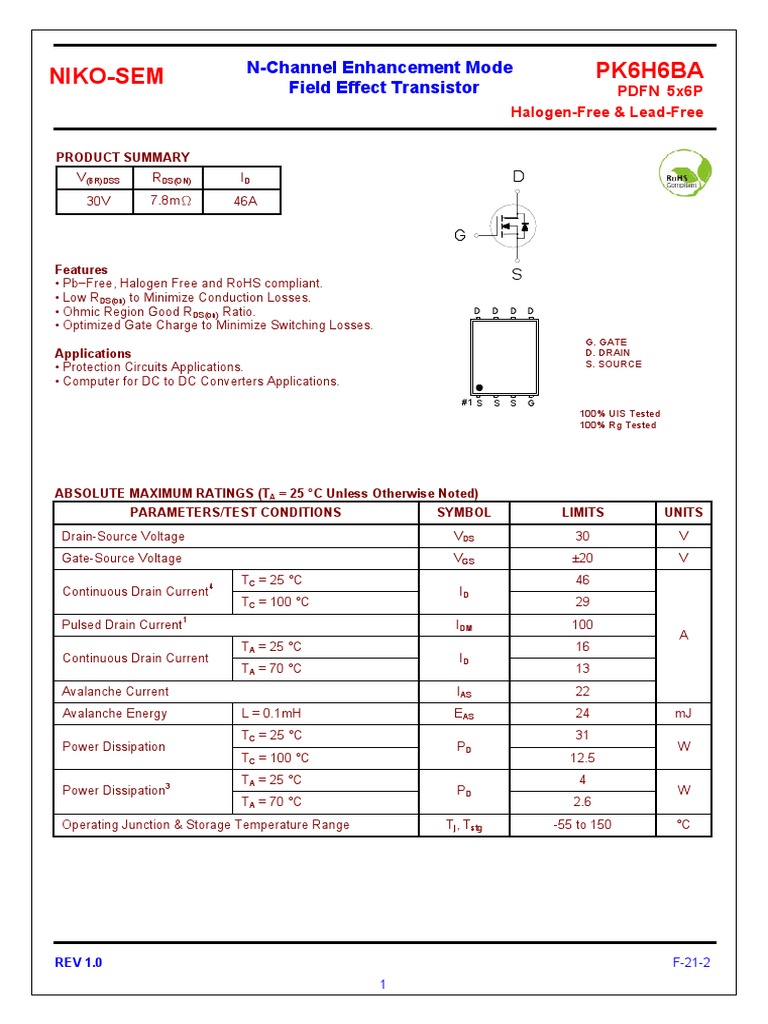 Pk6H6Ba Niko-Sem: N-Channel Enhancement Mode Field Effect Transistor ...