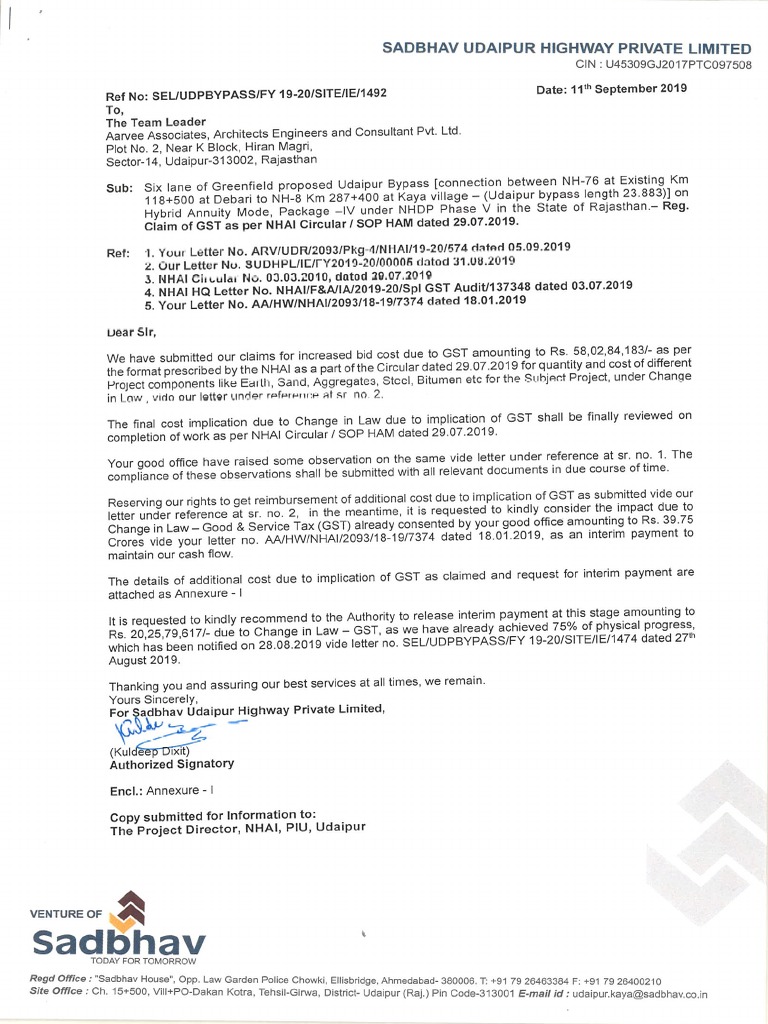 1492 Claim of GST As Per NHAI Circular-SOP HAM Dated 29.07.2019 | PDF