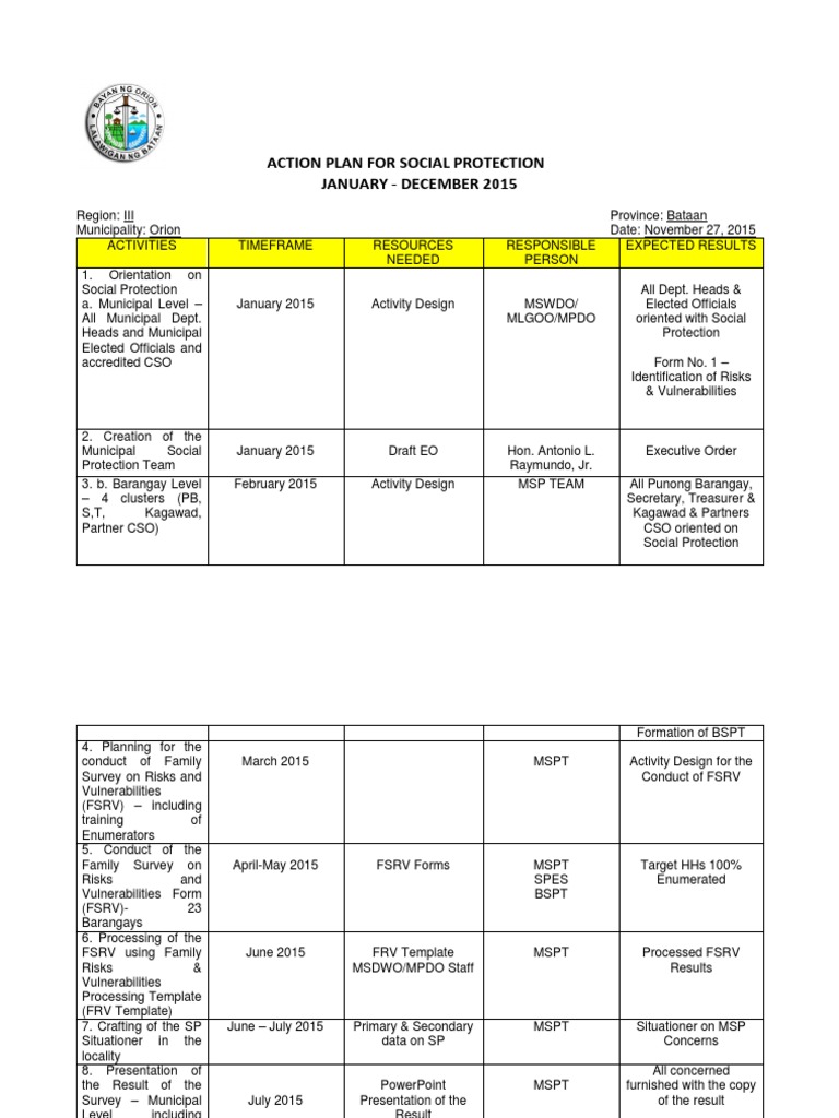Action Plan For Social Protection January - December 2015 | PDF | Business