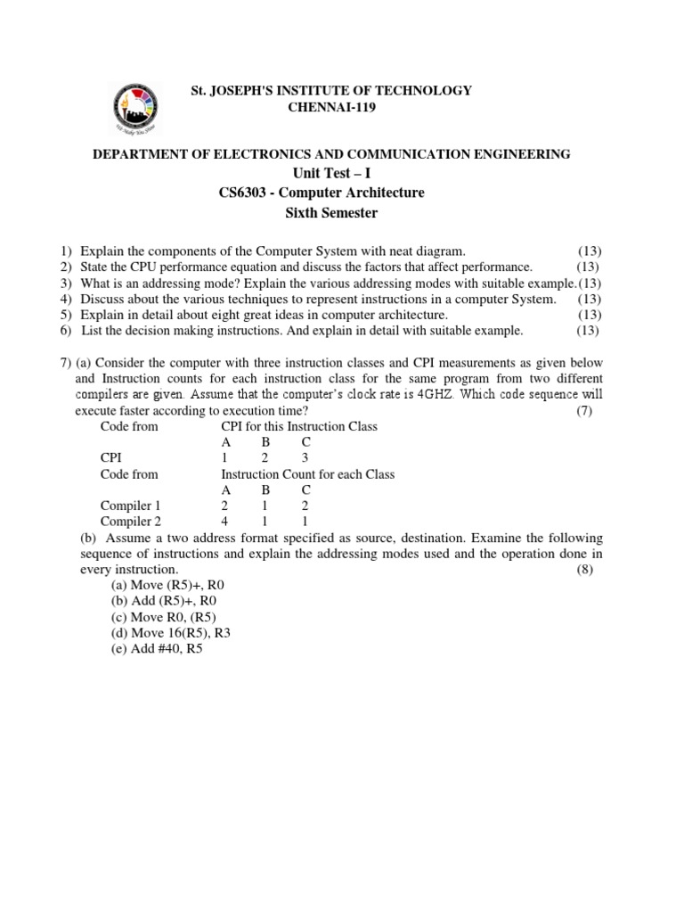 ECE Unit Test: Computer Architecture | PDF | Teaching Methods ...