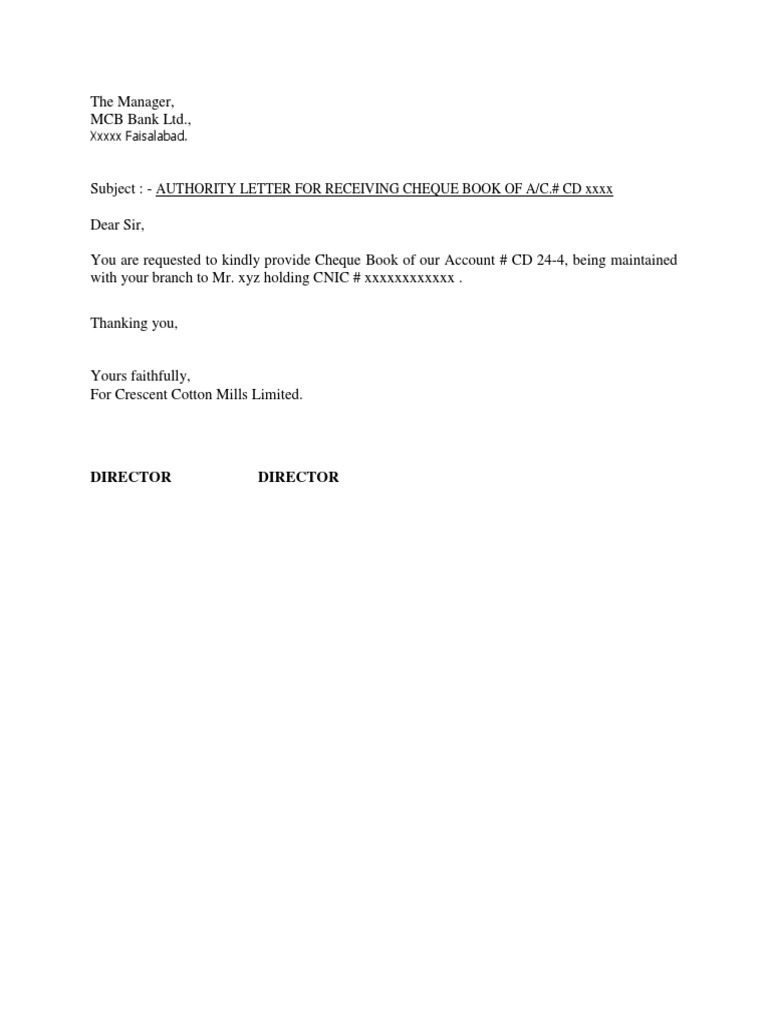 Cheque Book Collection Authorization | PDF