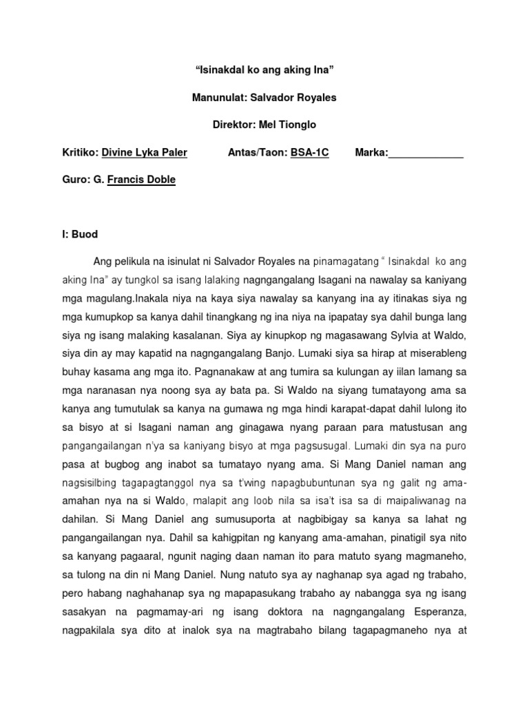 Isinakdal Ko Ang Aking Ina MOVIE REVIEW | PDF