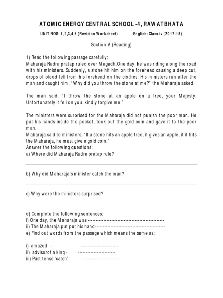 AECS Class 4 English Revision Worksheet | PDF