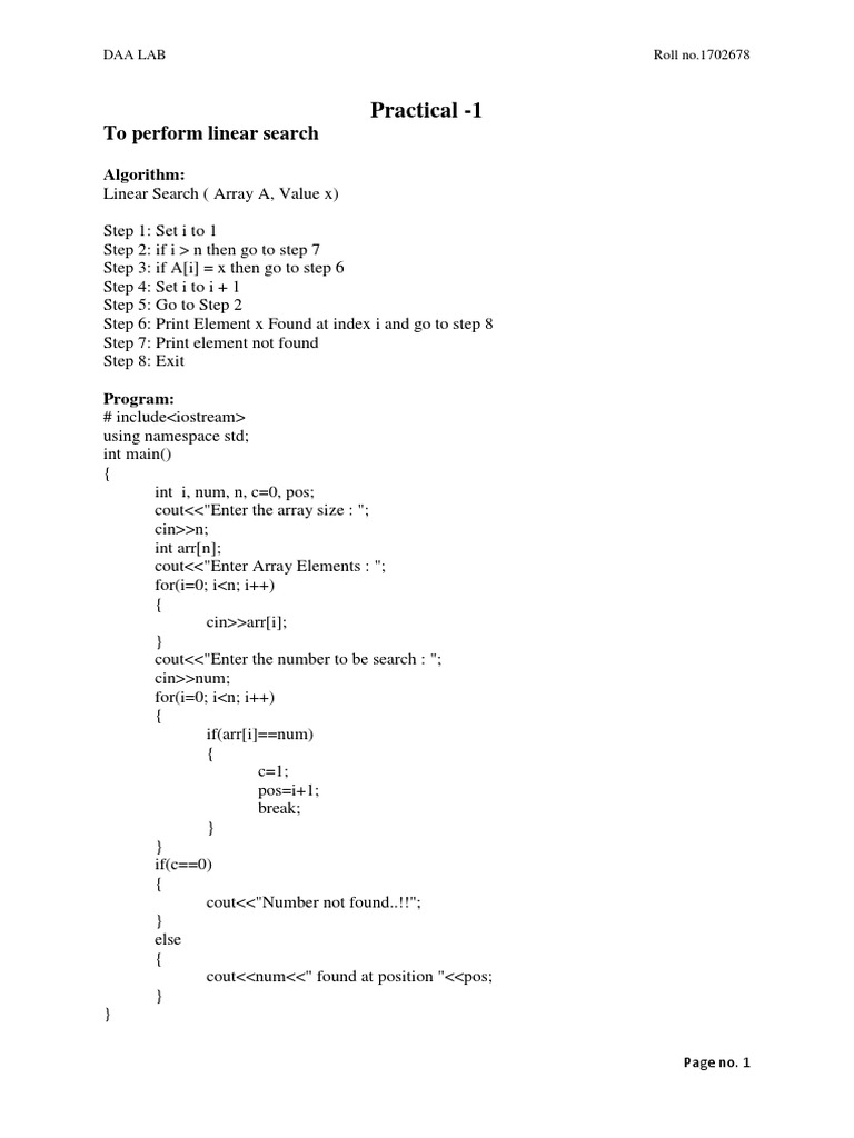 To Perform Linear Search: Practical - 1 | PDF