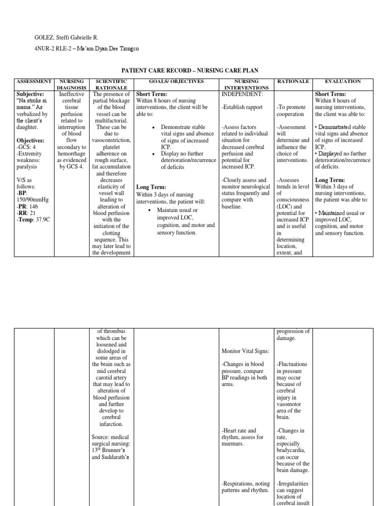 Nursing Care Plan for Cerebral Perfusion | PDF | Medicine | Medical ...