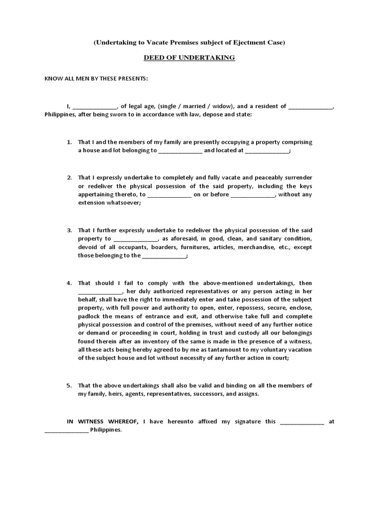Undertaking To Vacate Premises Subject of Ejectment Case | Download ...