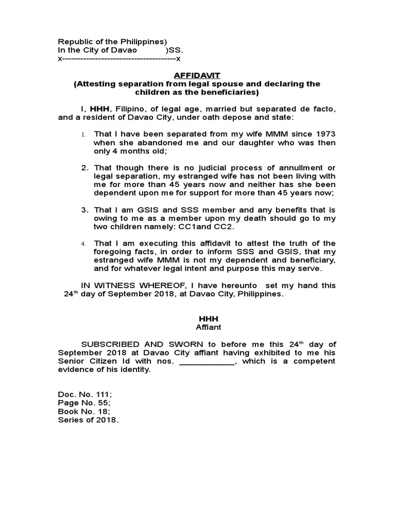 Affidavit of De Facto Separation | PDF | Social Science