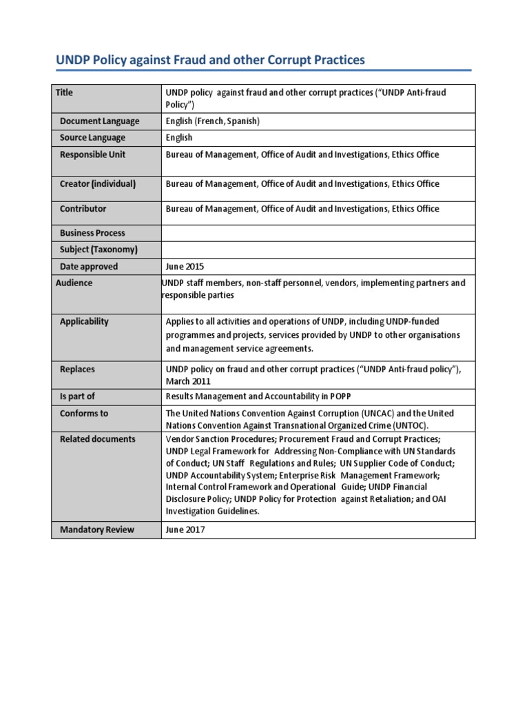 UNDP Policy Against Fraud and Other Corrupt Practices: Title | PDF ...