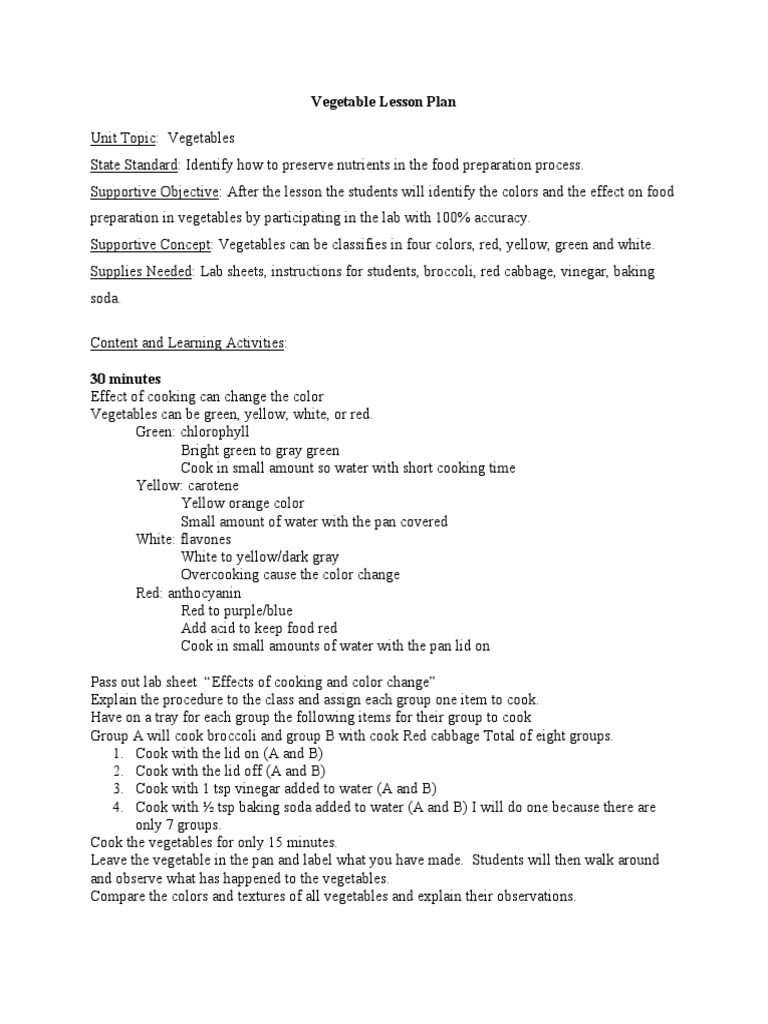 Vegetable Lesson Plan | PDF | Cooking | Vegetables