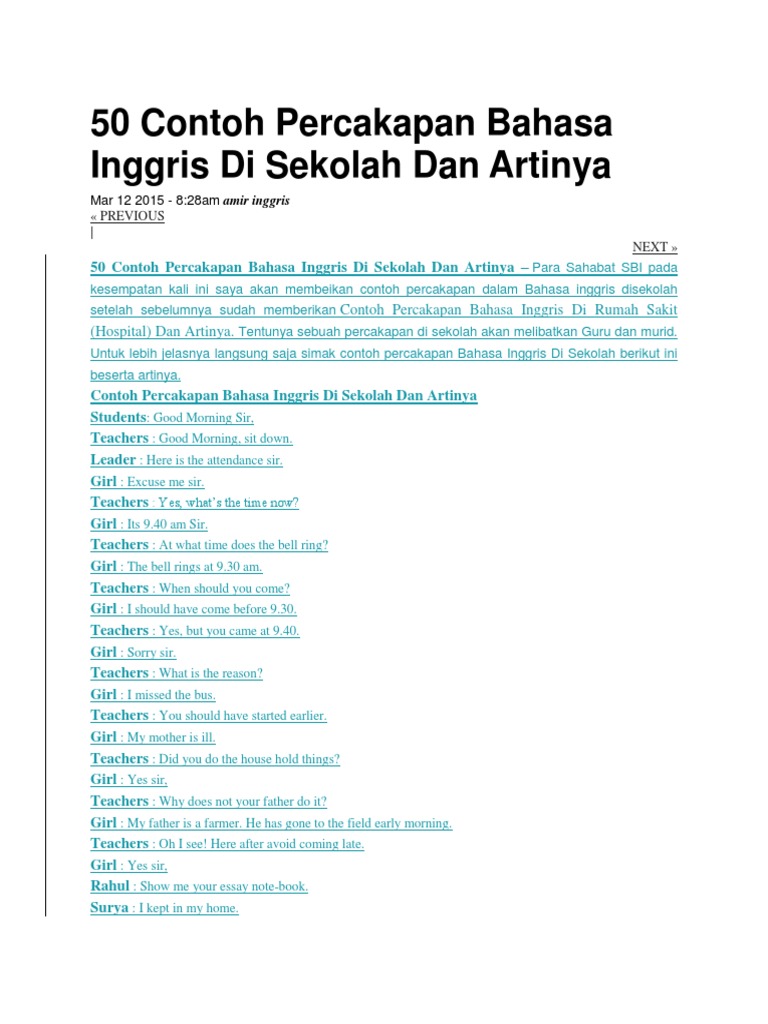 50 Contoh Percakapan Bahasa Inggris Di Sekolah Dan Artinya | PDF